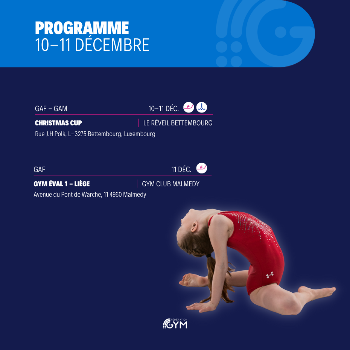 La Christmas Cup et un Gym Eval au programme ce week-end